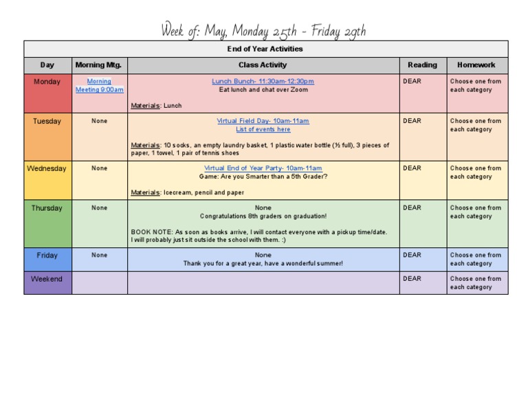 Weekly Schedule Distance Learning - 6 | PDF | Leisure