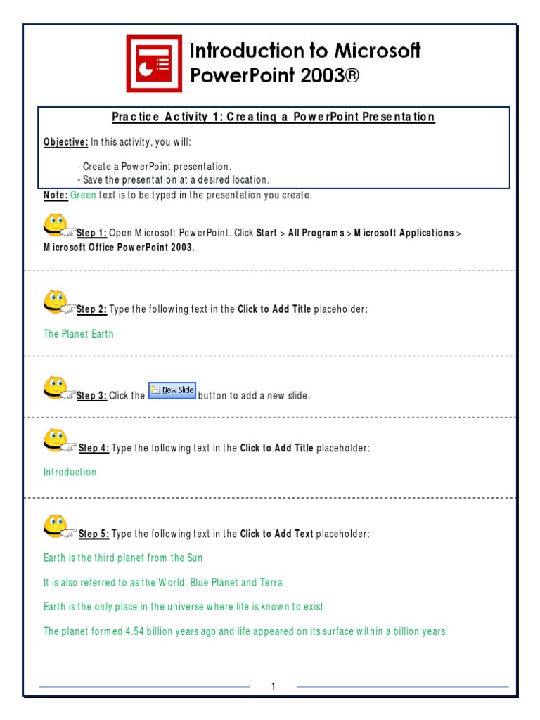 MS PPT 2003 - Practice Activity - Creating A PowerPoint Presentation ...