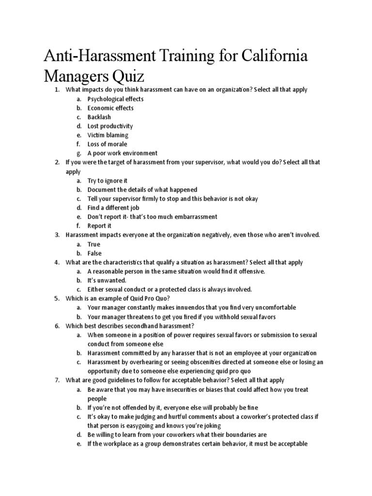 Anti-Harassment Training CA Quiz | PDF | Sexual Harassment | Harassment