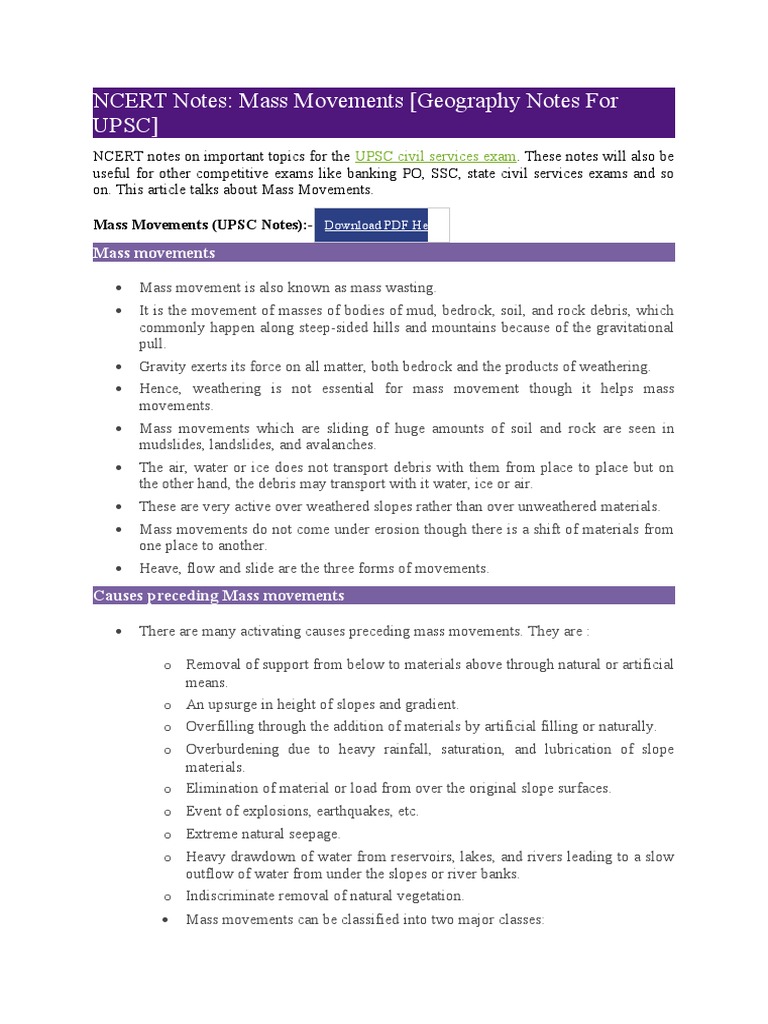 NCERT Notes: Mass Movements (Geography Notes For Upsc) | PDF