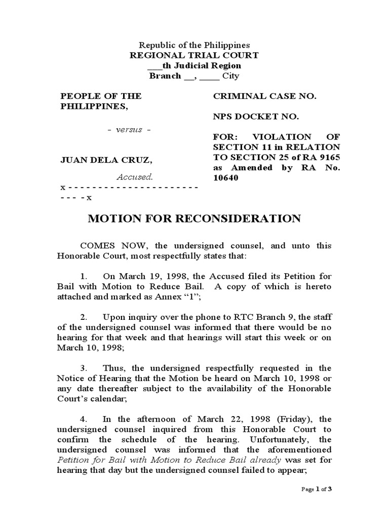 Motion for Reconsideration: Bail Reduction | PDF | Bail | Prosecutor
