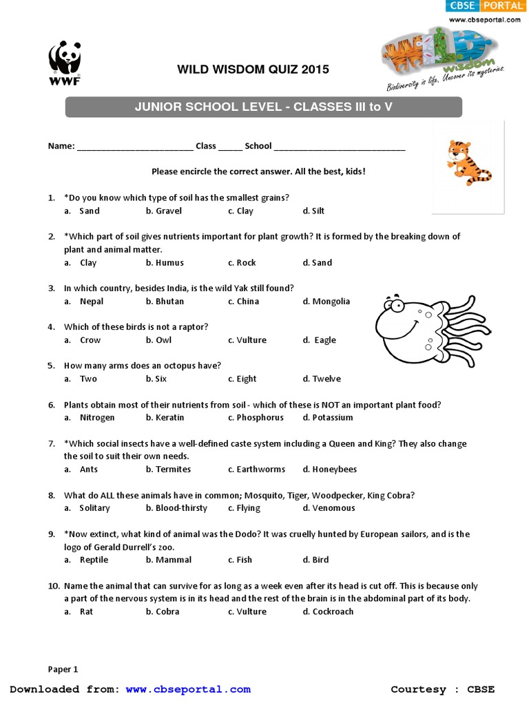 Junior School Level - Classes Iii To V: Wild Wisdom Quiz 2015 | PDF ...