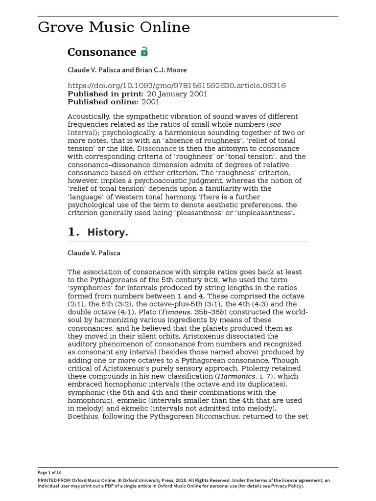 Grove Music Online: Consonance | PDF | Pitch (Music) | Harmony