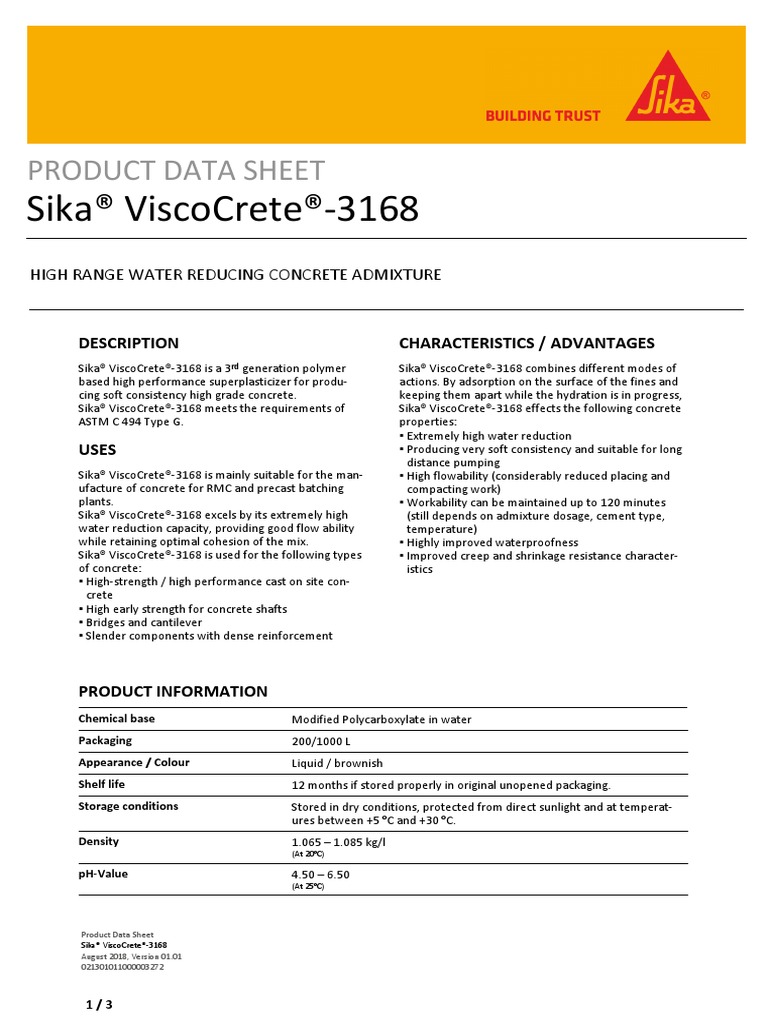 Sika ViscoCrete - 3168 | PDF | Concrete | Building Materials