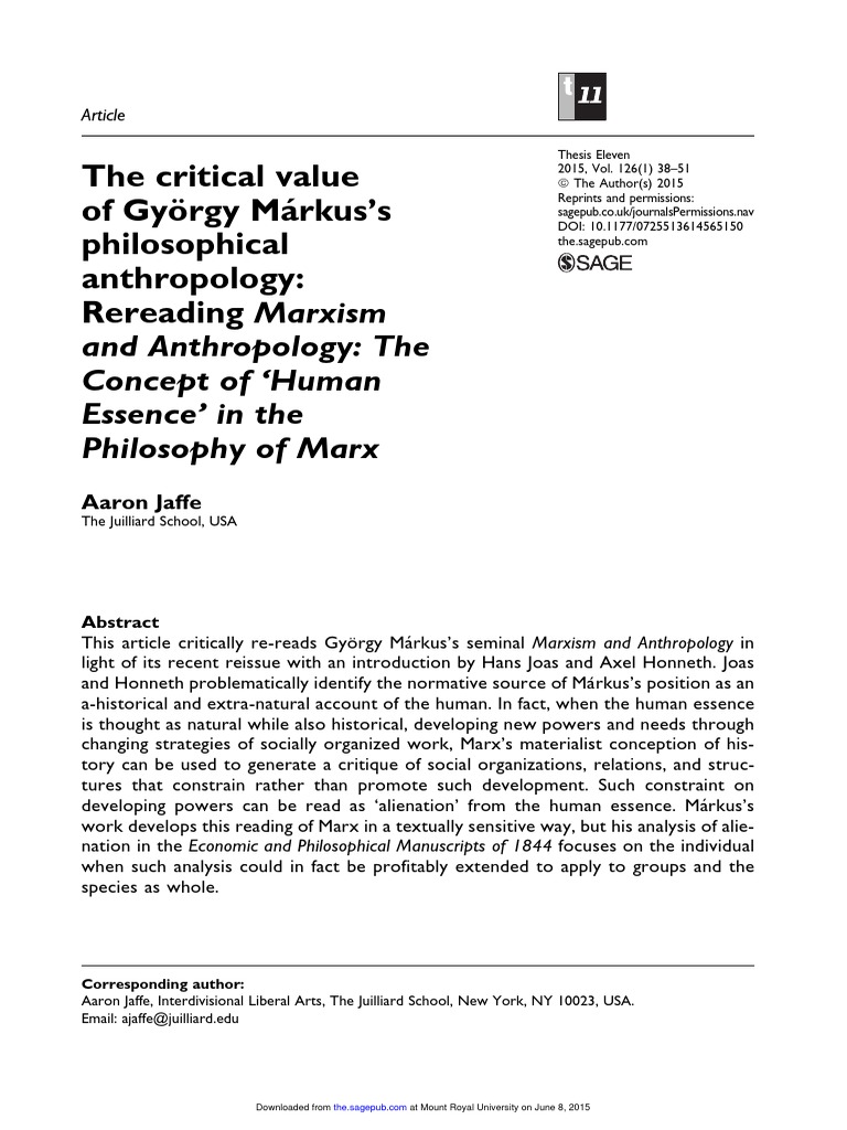 The Critical Value of Gyorgy Markus's Philosophical Anthropology ...