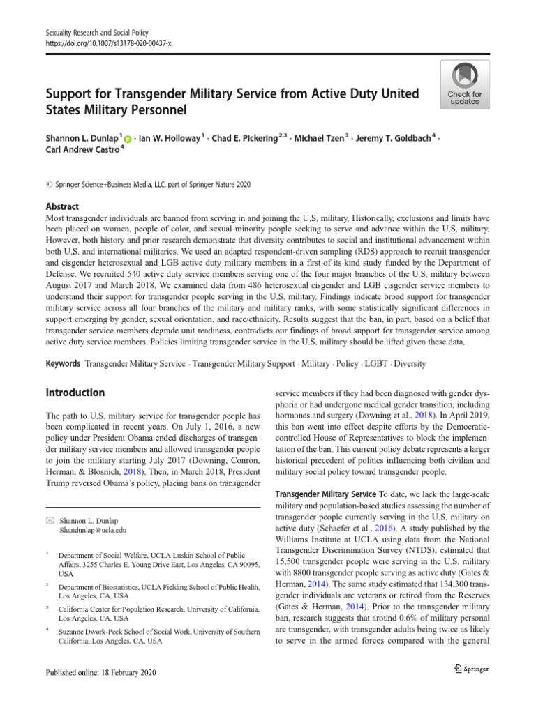 Support for Transgender Military Service from Active Duty United States ...