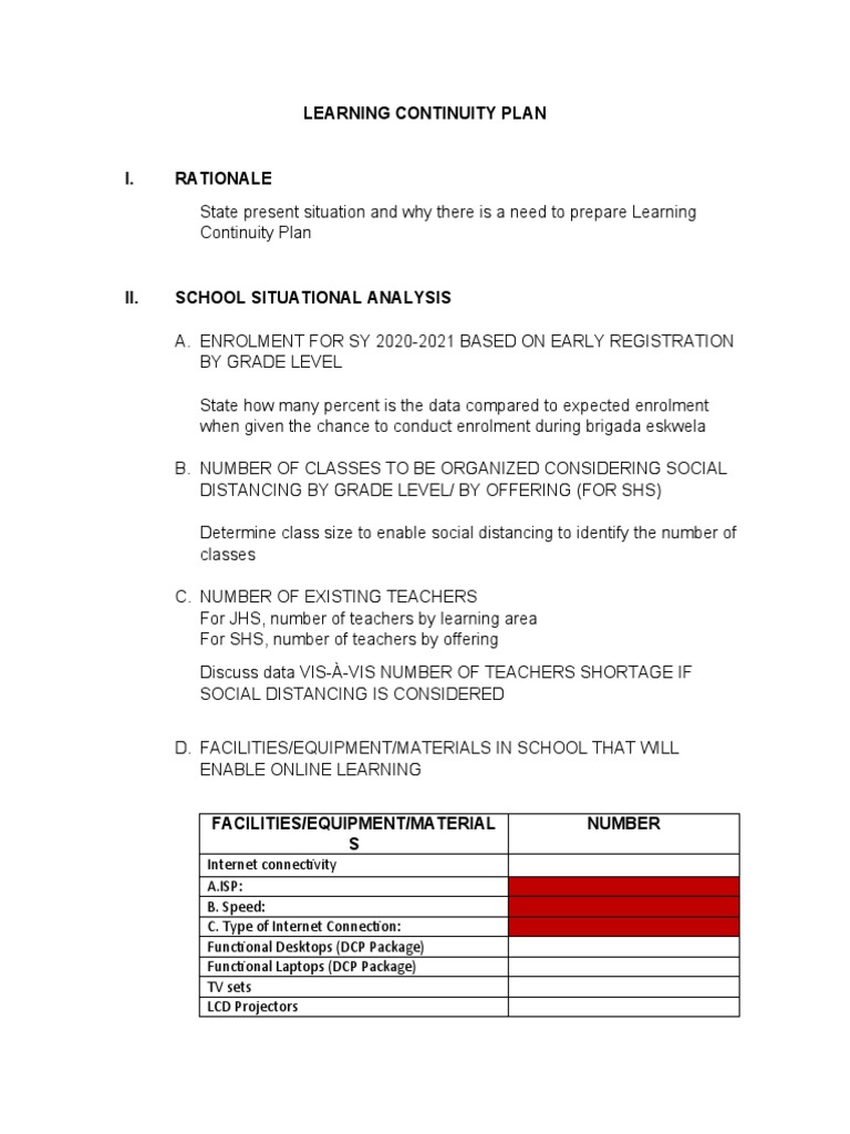 Learning Continuity Plan | PDF | Educational Technology | Internet Access