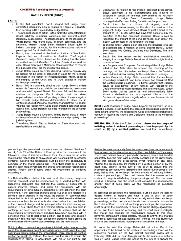 CIVPRO SPECIAL CIVIL ACTIONS CONTEMPT - Baculi v. Belen. v. CA | PDF ...