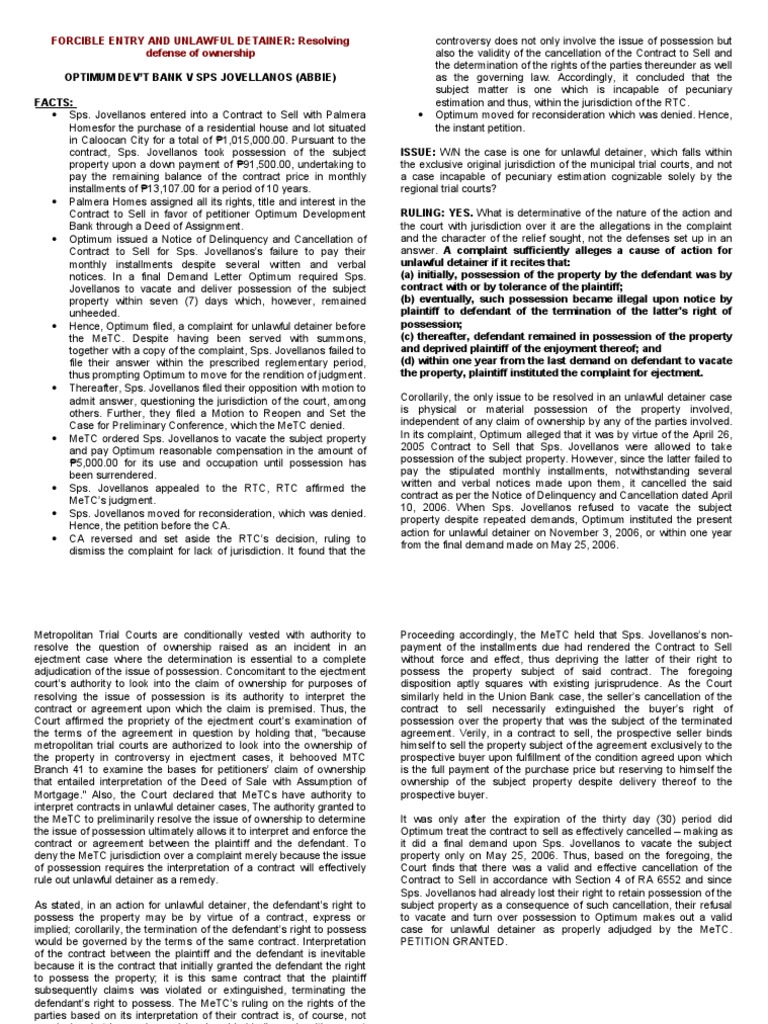 CIVPRO SPECIAL CIVIL ACTIONS FORCIBLE ENTRY AND UNLAWFUL DETAINER ...