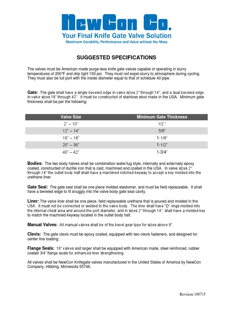 Newcon Suggested Specifications Rev 100715 | Download Free PDF | Valve ...