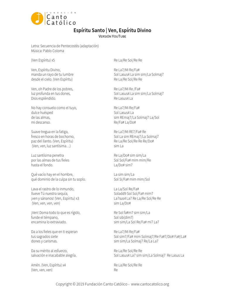 Ven, Espíritu Divino - Letra y Acordes Versión YouTube | PDF | Teología sistemática | Teología