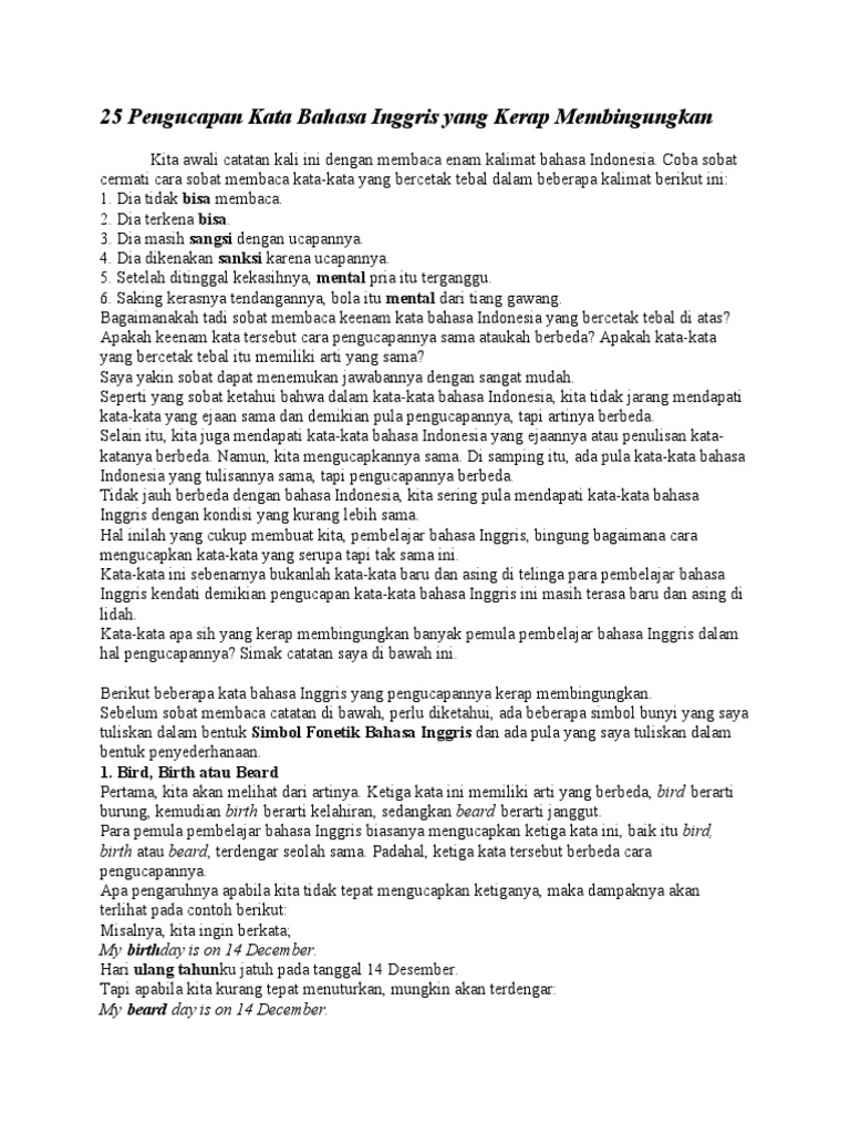 25 Pengucapan Kata Bahasa Inggris Yang Kerap Membingungkan: 1. Bird, Birth Atau Beard | PDF