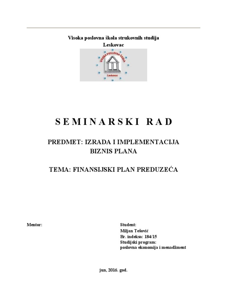 Finansijski Plan | PDF