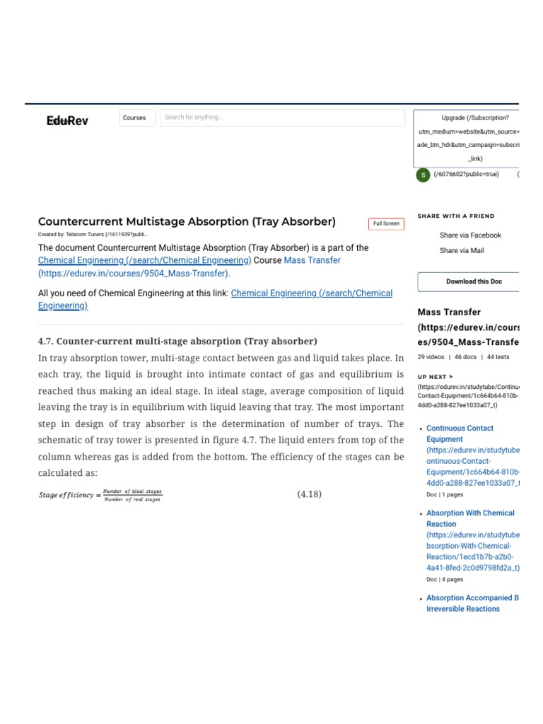 Countercurrent Multistage Absorption (Tray Absorber) Chemical ...