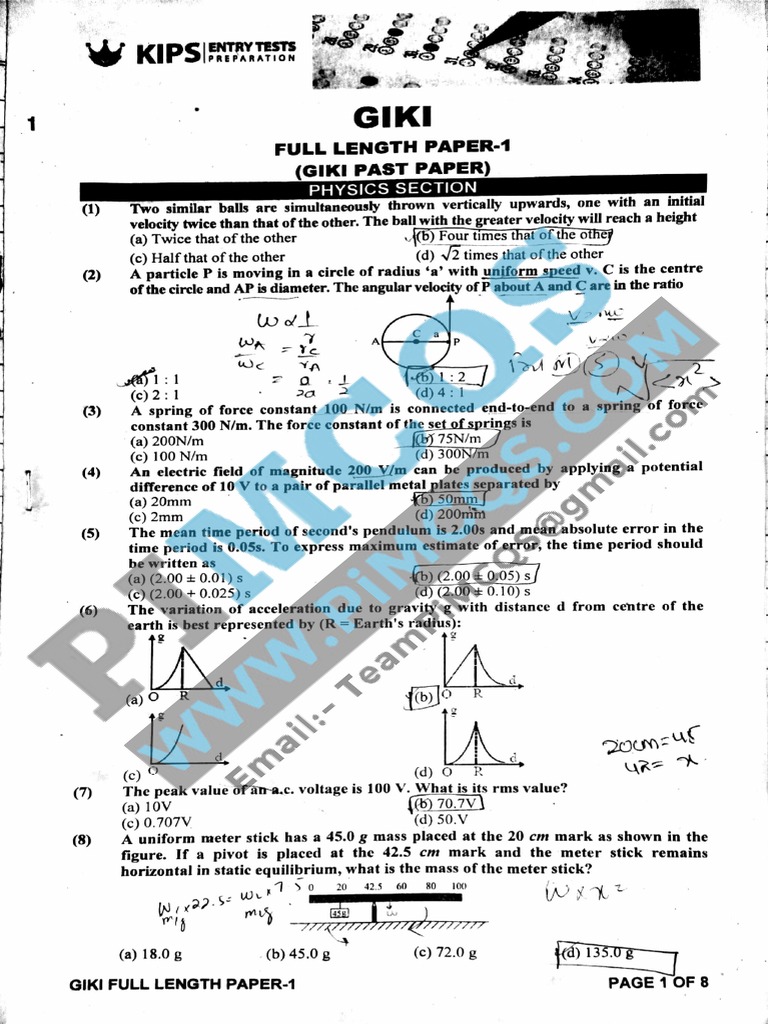 Giki Full Length Past Paper 1 by Kips Original | PDF