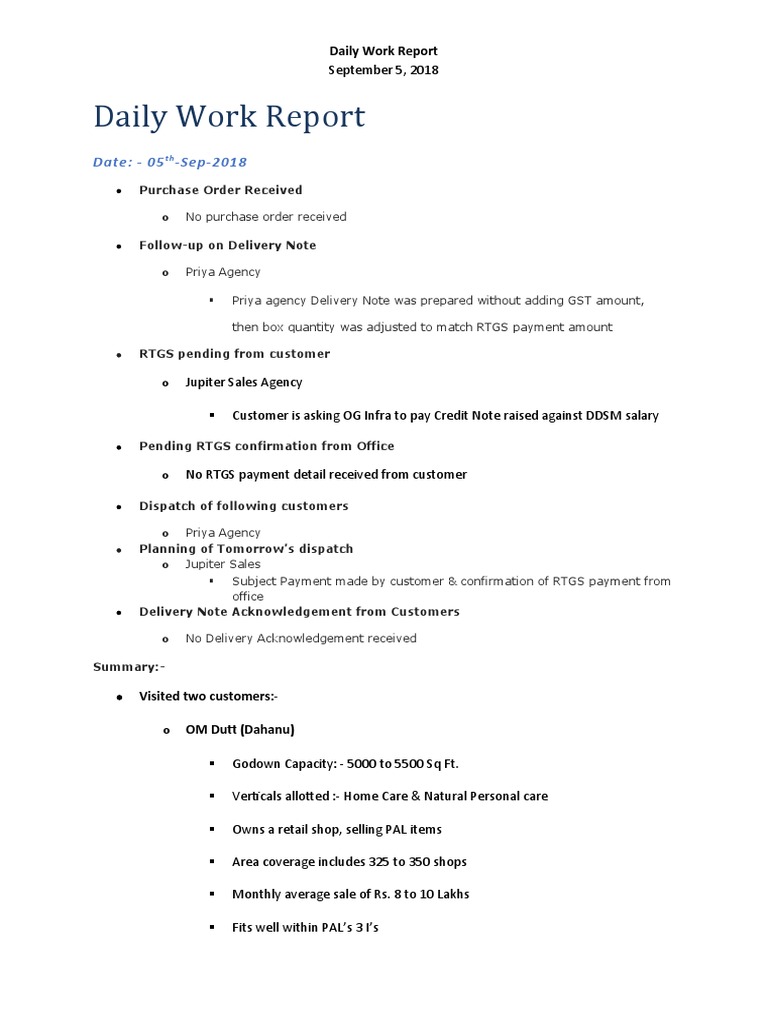 Daily Work Report: Date: - 05 - Sep-2018 | PDF | Services (Economics ...