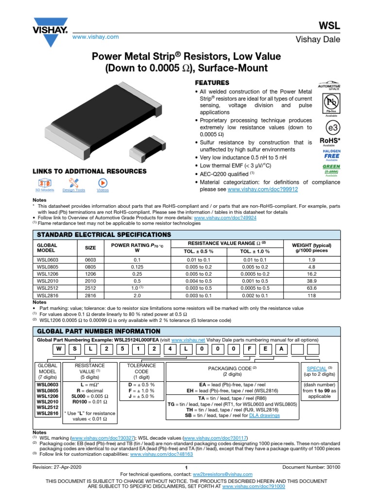 WSL Power Metal Strip Resistors, Low Value (Down to 0.0005 Ω), Surface ...