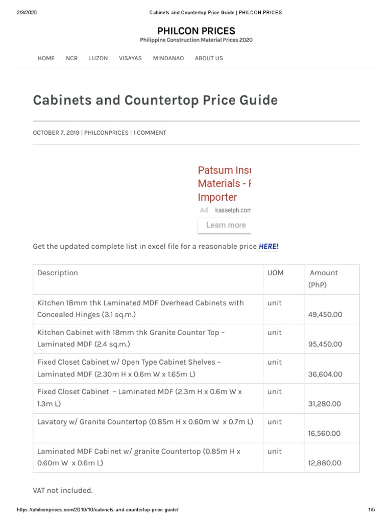 Cabinets and Countertop Price Guide - PHILCON PRICES | PDF | Countertop ...