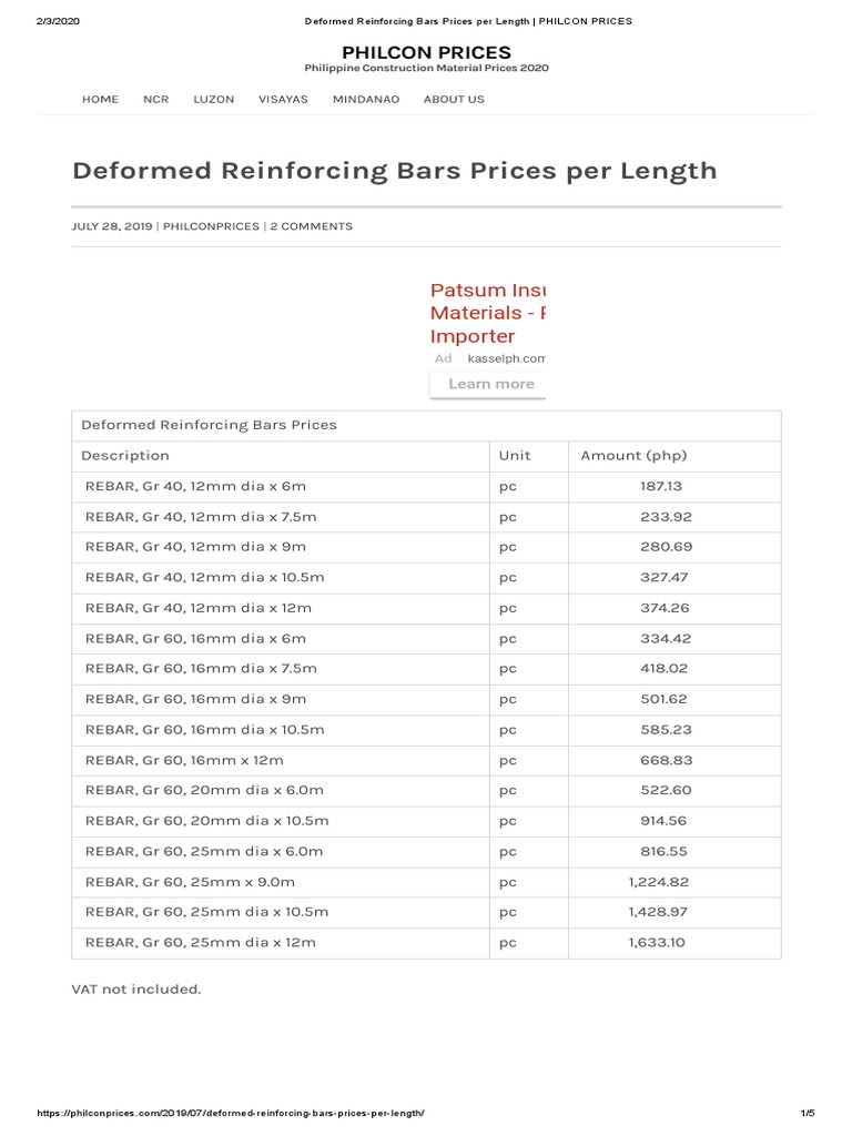 Deformed Reinforcing Bars Prices Per Length - PHILCON PRICES | PDF ...
