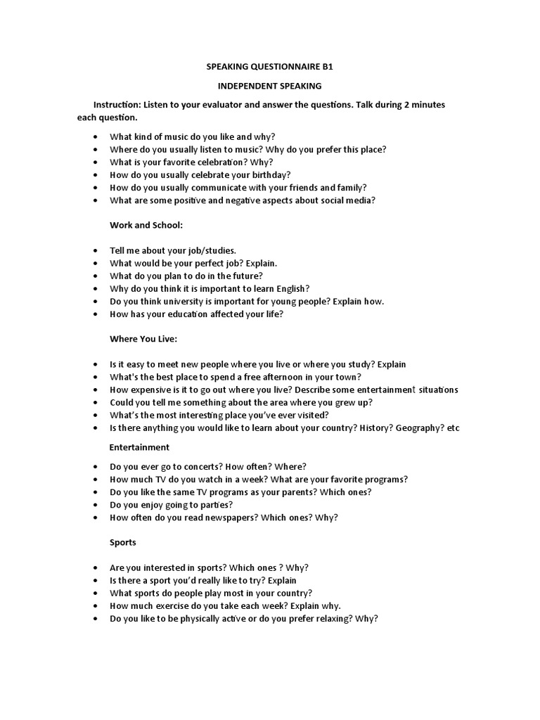 Speaking Questionnaire B1 Independent Speaking Instruction: Listen To ...