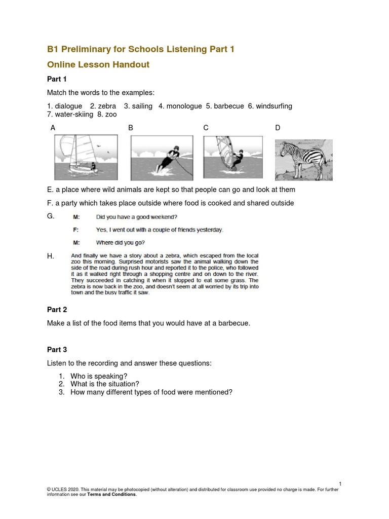 B1 Preliminary For Schools Listening Part 1 - Online Lesson Handout PDF ...