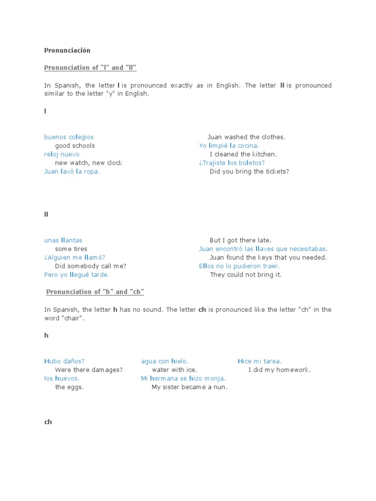 Pronunciation of "L" and "LL": Pronunciación | PDF | Stress ...