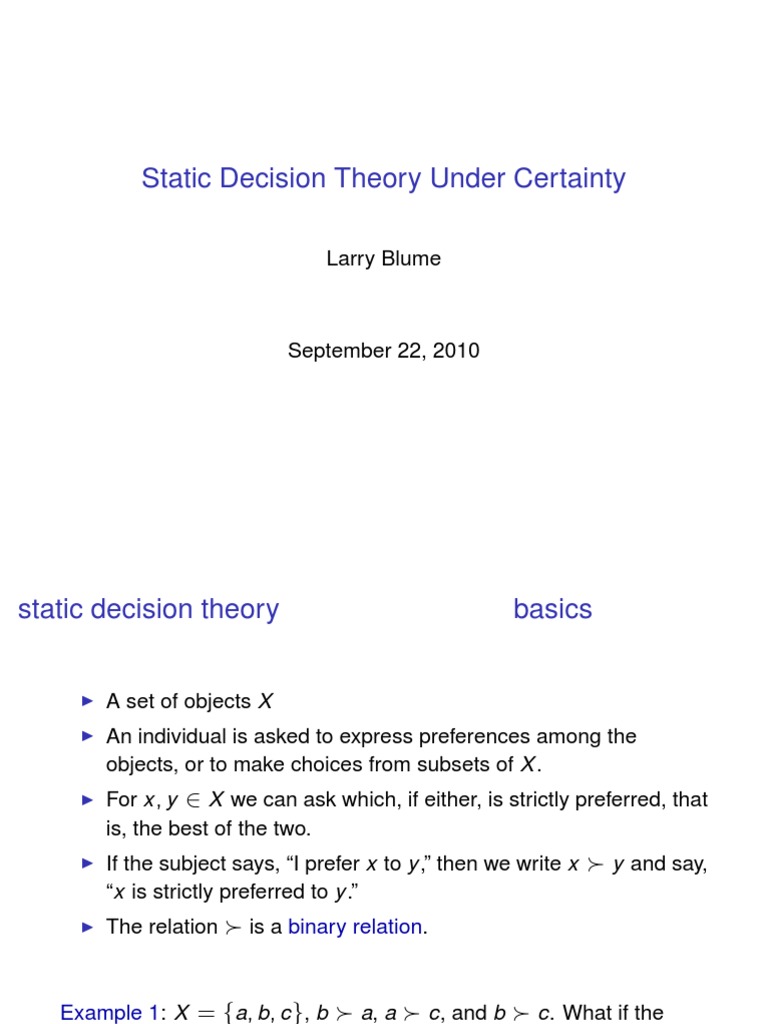 Static Decision Theory Under Certainty: Larry Blume | PDF | Theorem | Function (Mathematics)