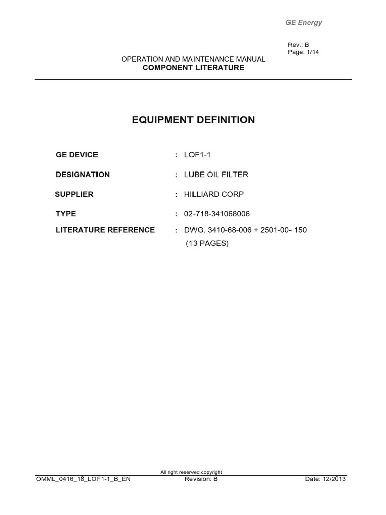 GE - Frame - 9E - LUBE - OIL - FILTER - LOF11 | PDF | Valve | Pump