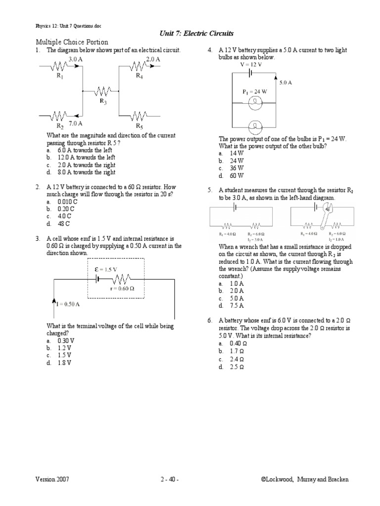 Multiple Choice Portion: Unit 7: Electric Circuits | PDF | Voltage ...