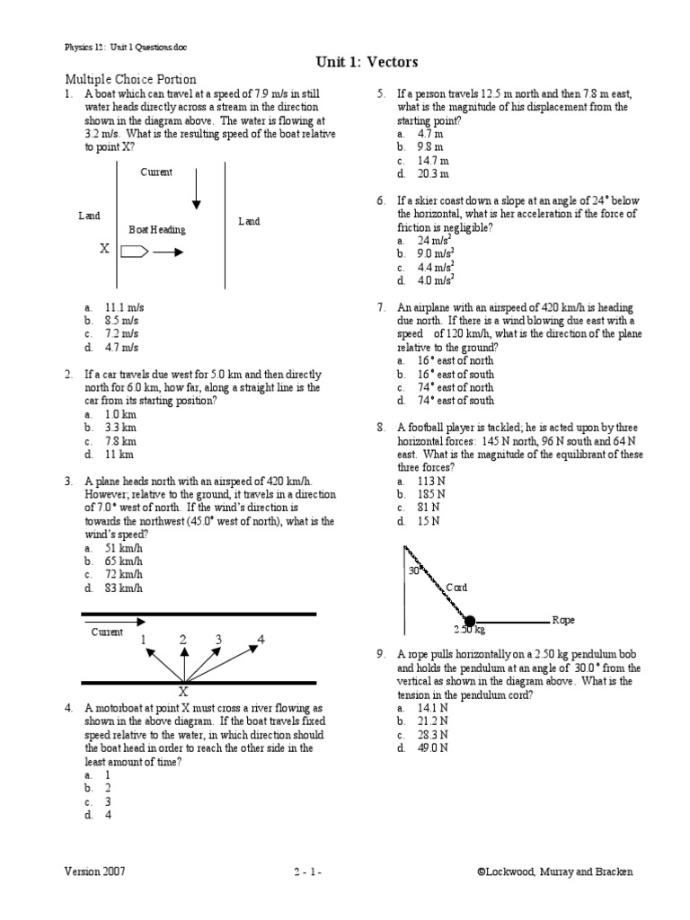 Multiple Choice Portion: Unit 1: Vectors | PDF | Projectiles | Euclidean Vector