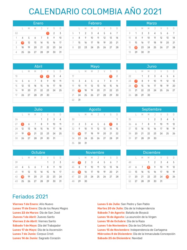 Calendario Colombia 2021 PDF | PDF