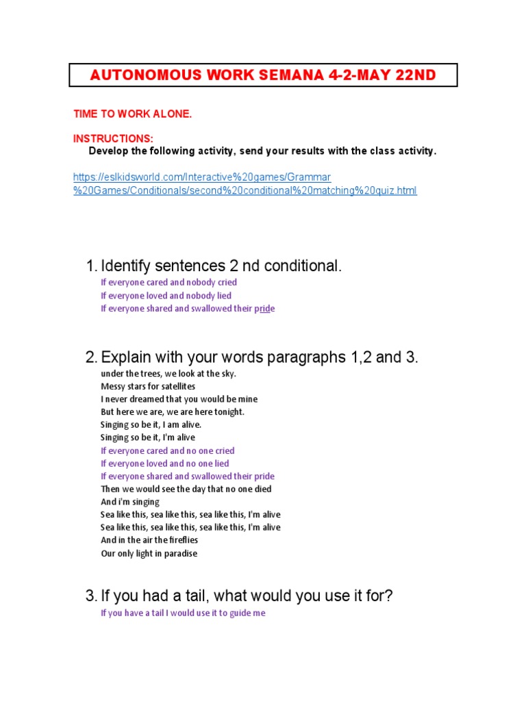 Identify Sentences 2 ND Conditional.: Autonomous Work Semana 4-2-May ...