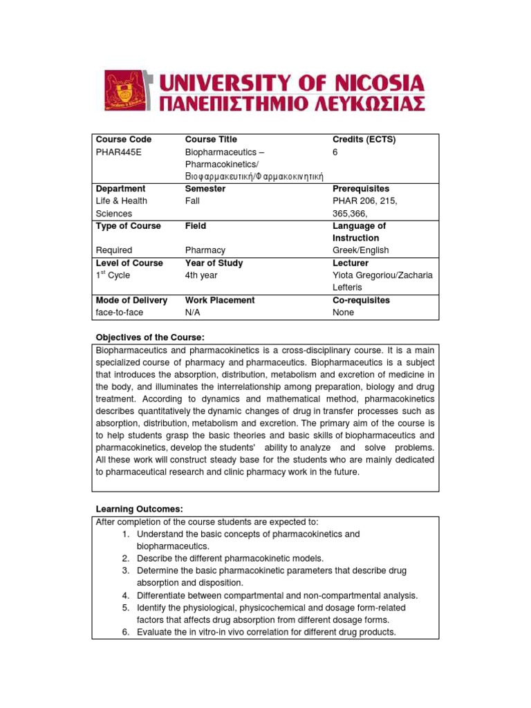 Course Code Course Title Credits (ECTS) | PDF | Pharmacokinetics ...