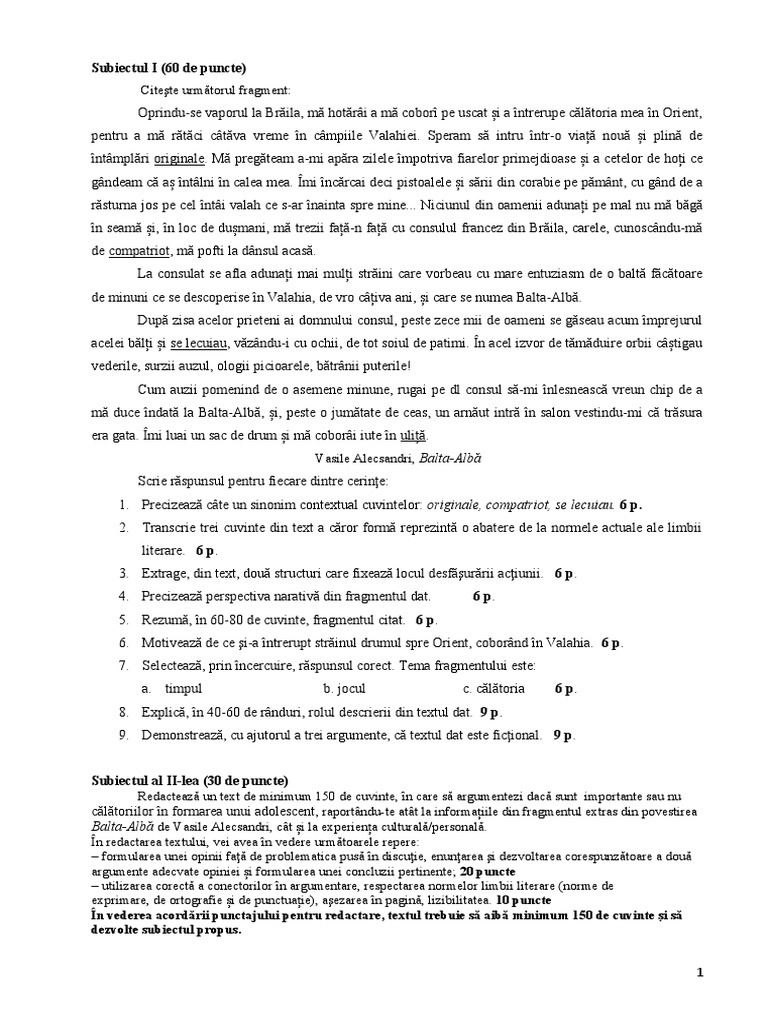 Test de Evaluare Balta Alba+barem | PDF
