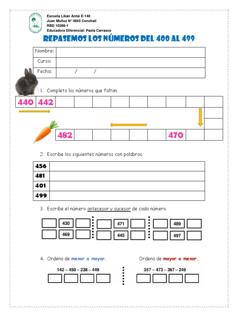 Actividades de Números del 400 al 499 | PDF