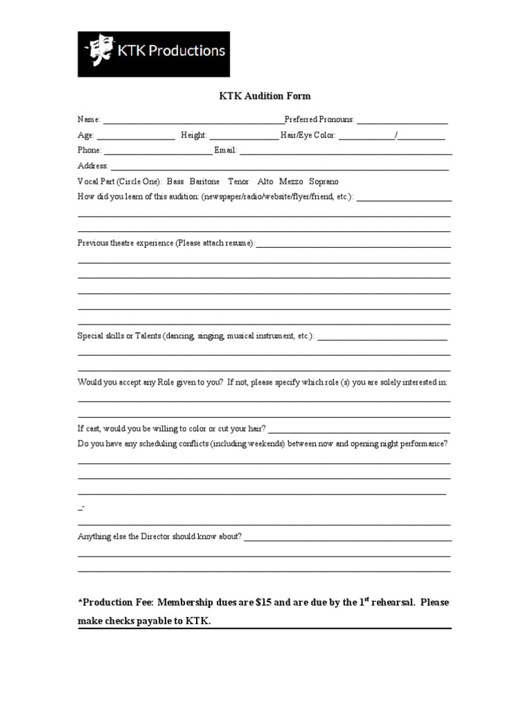 Audition Form | PDF | Audition | Music Performance