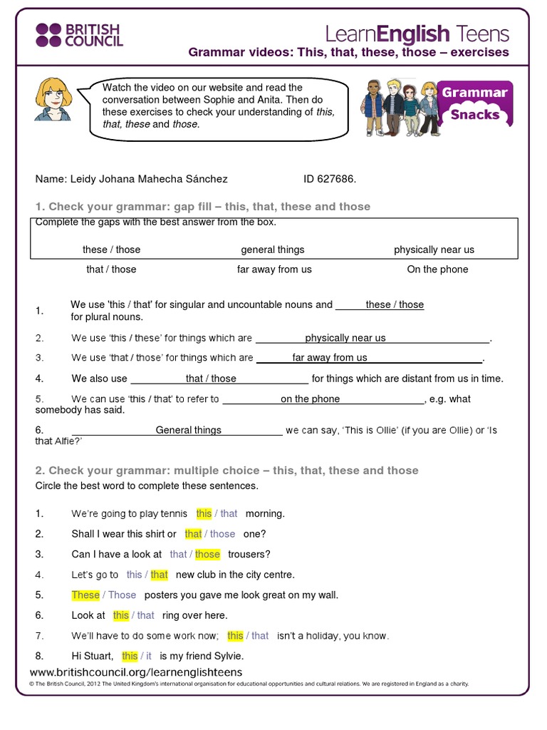Check Your Grammar: Gap Fill - This, That, These and Those | PDF | Noun ...