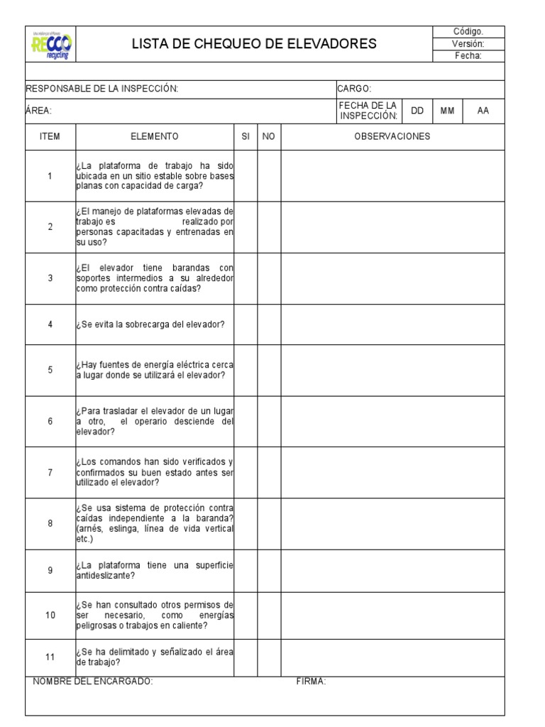 Lista de Chequeo de Elevadores | PDF