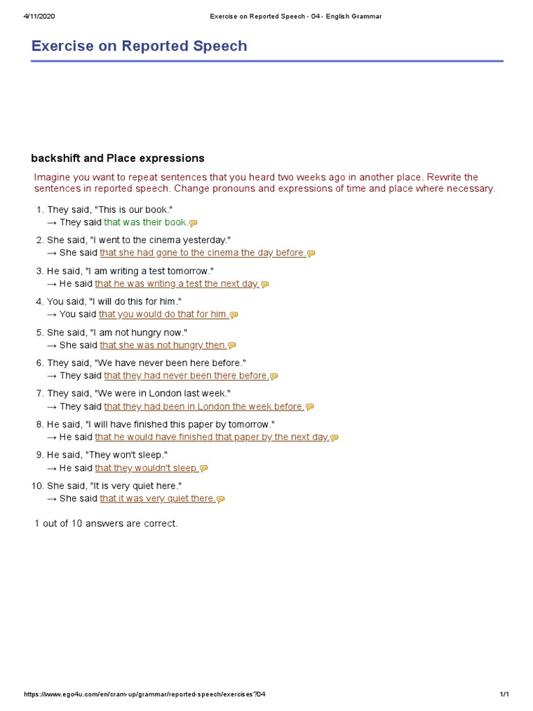 Reported Speech Exercises with Answers | PDF