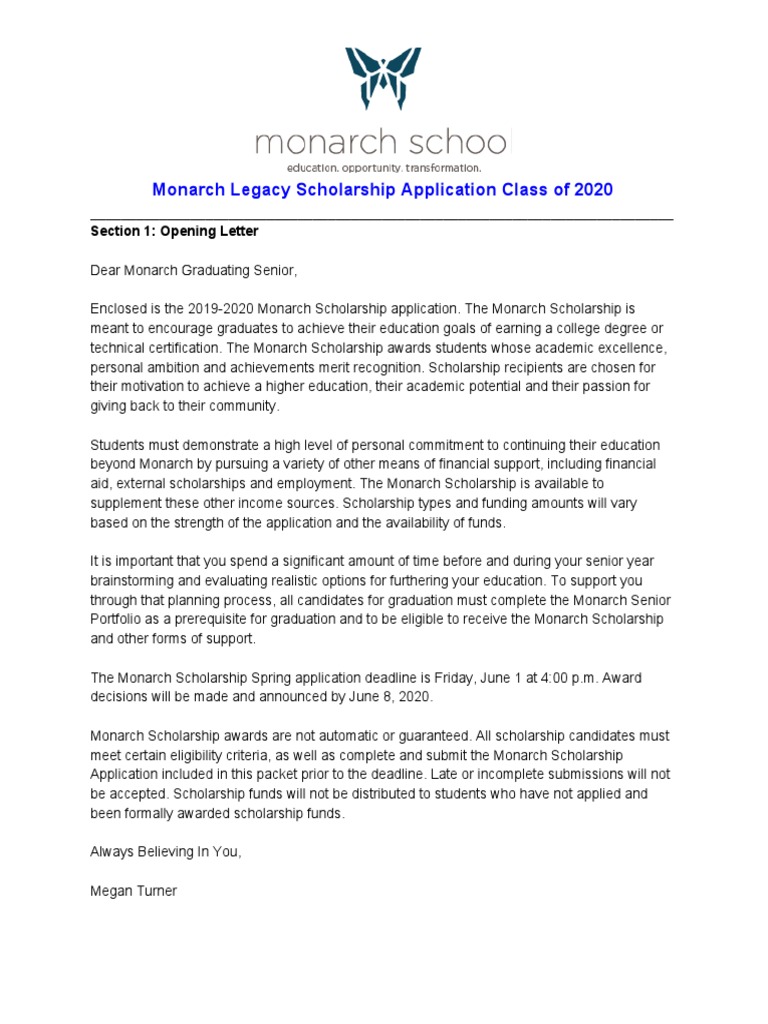 Billy Campos - 2019-2020 Monarch Scholarship Application | PDF | High ...