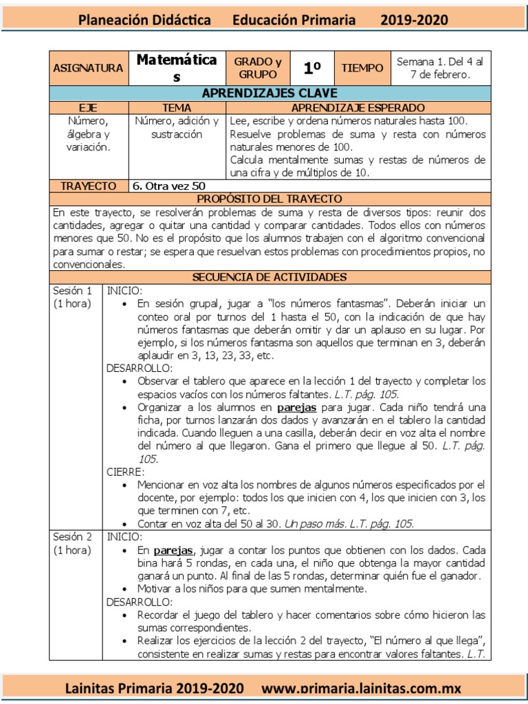 Planeación Sumas y Restas 1º Primaria | PDF | Sustracción | Educación ...