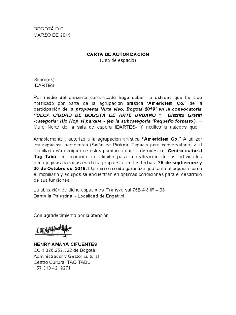 Carta de Autorización Uso de Espacio | PDF