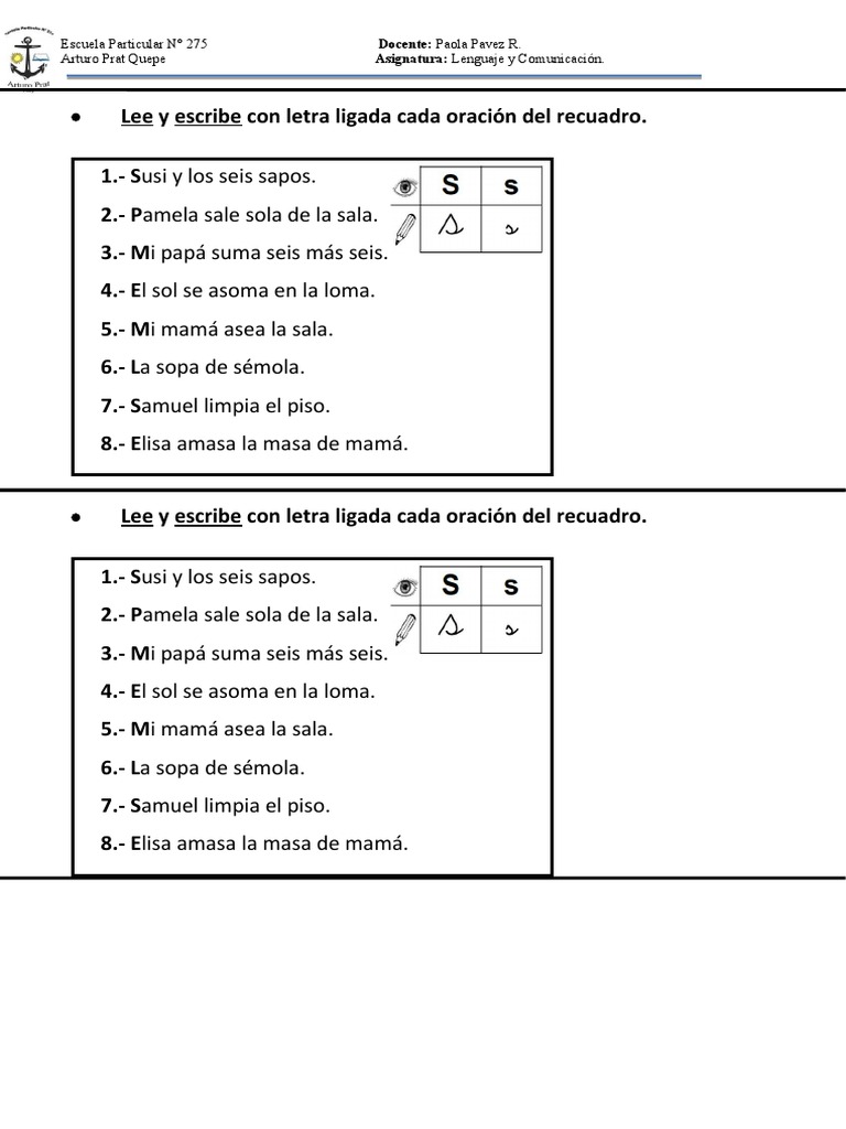 Letra S, Lee Las Oraciones y Transcribe Las Oraciones. | PDF