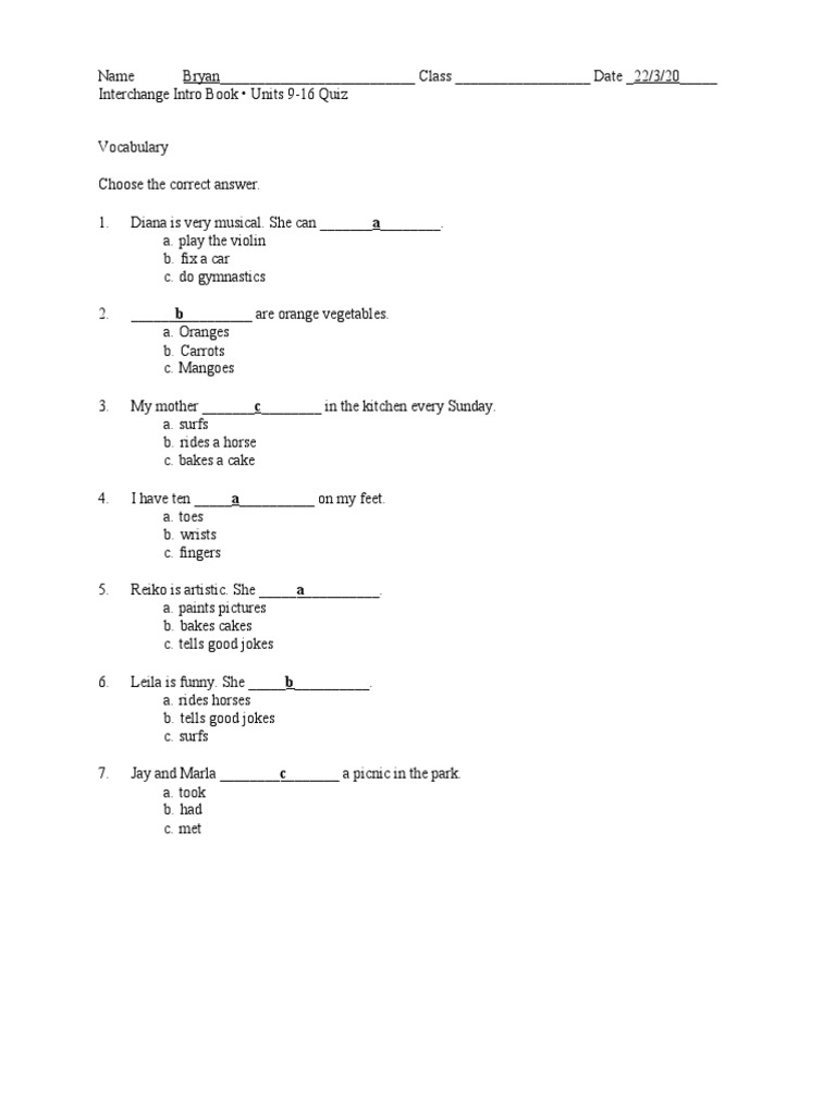 Interchange Intro Units 9-16 Quiz Vocabulary and Grammar | PDF | Foods | Food And Drink