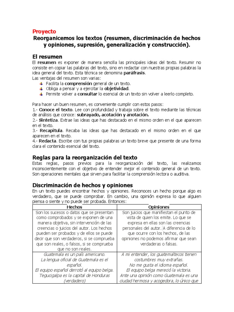 HECHOS Y OPINIONES.docx | Comprensión lectora | Concepto