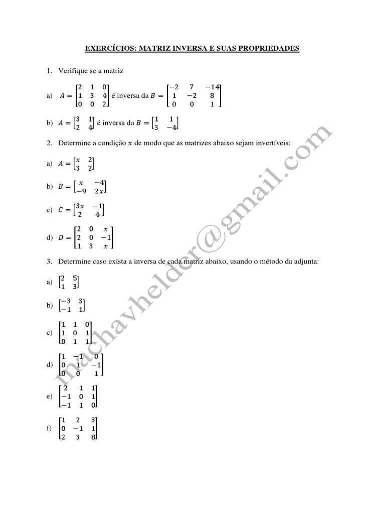Exercícios Sobre A Matriz Inversa PDF | PDF