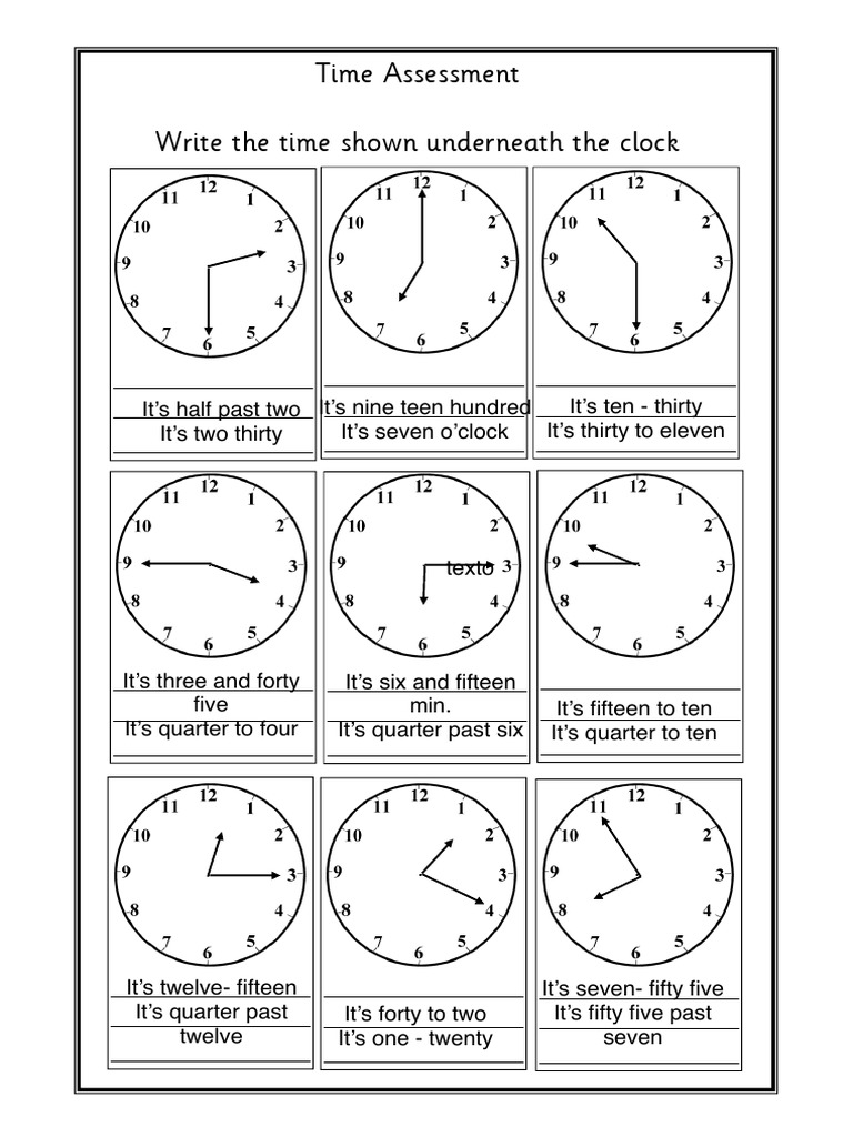 Time Assessment Write The Time Shown Underneath The Clock | PDF | Clock ...