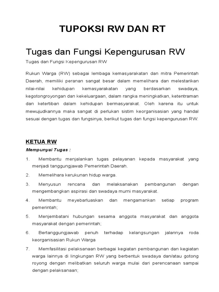 Tugas Dan Fungsi Kepengurusan RT Dan RW | PDF