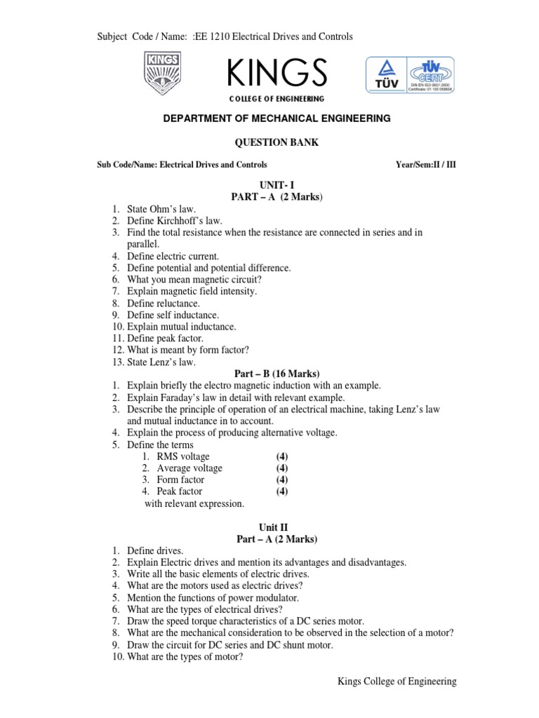 Electrical Drives and Controls Question Bank for Kings College of ...
