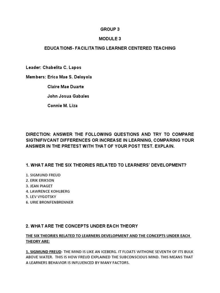 Sigmund Freud 2. Erik Erikson 3. Jean Piaget 4. Lawrence Kohlberg 5 ...